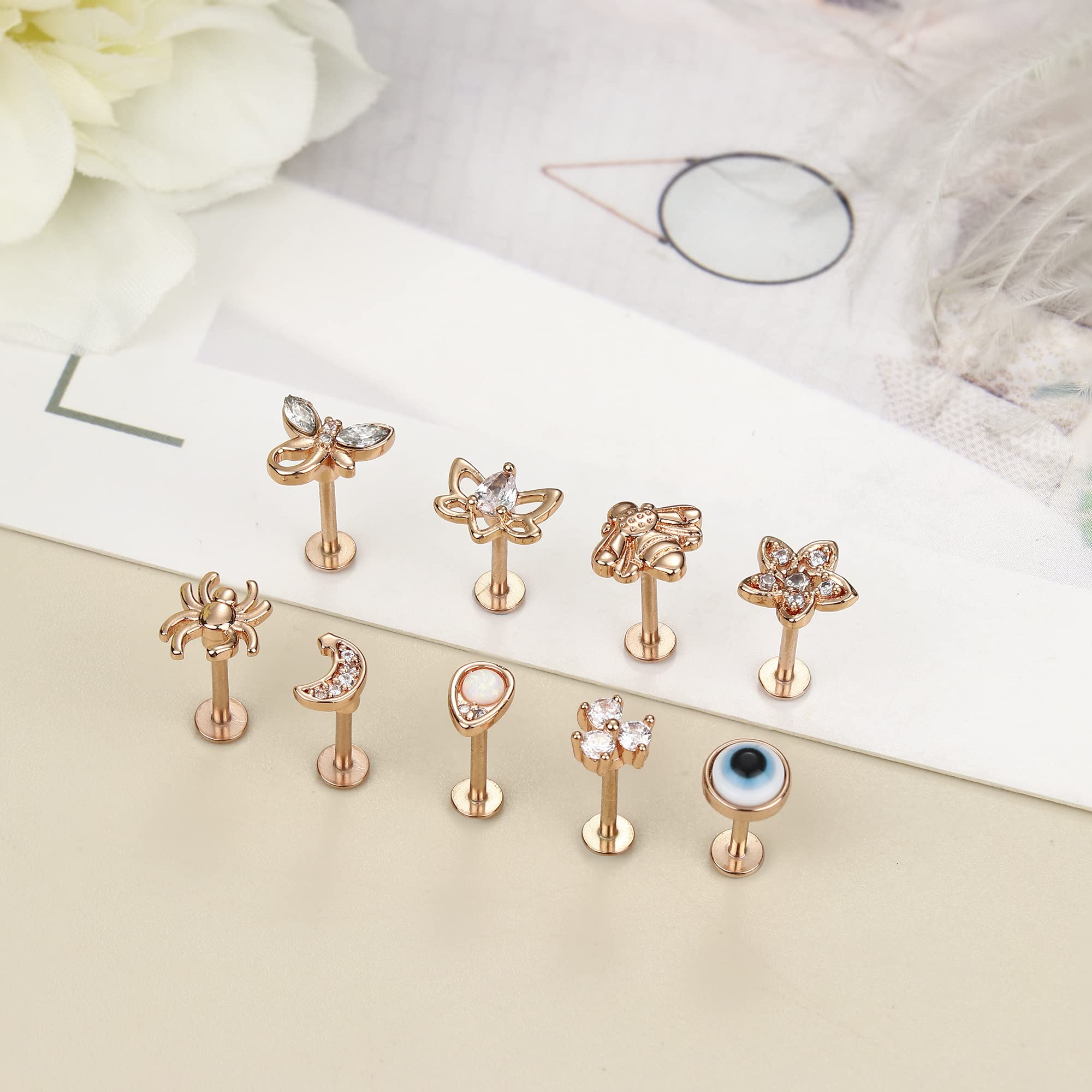Sanfenly 9PCS 16G Stainless Steel CZ Internally Threaded Labret Monroe Lip Studs Helix Cartilage Tragus Earring Nose Piercing Jewelry