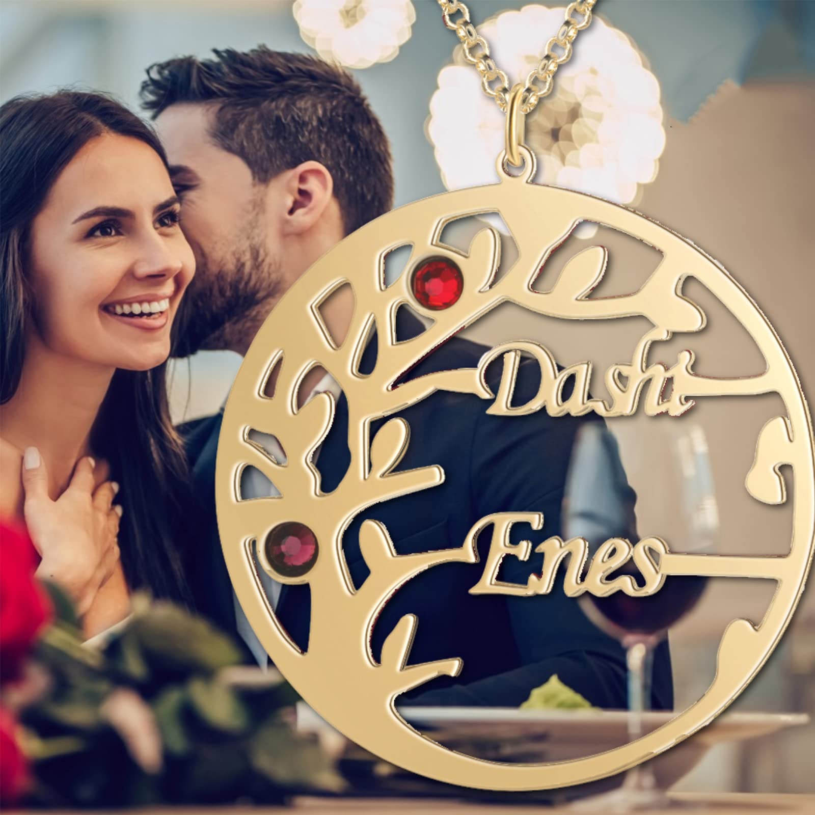 MRENITE 10k 14k 18k Solid Yellow Gold Personalized Name Family Tree Necklace with Birthstone –Dainty Nameplate Tree of Life Birthstone Pendant- Custom Any Name Gift for Womens Adults Mens (2 names)