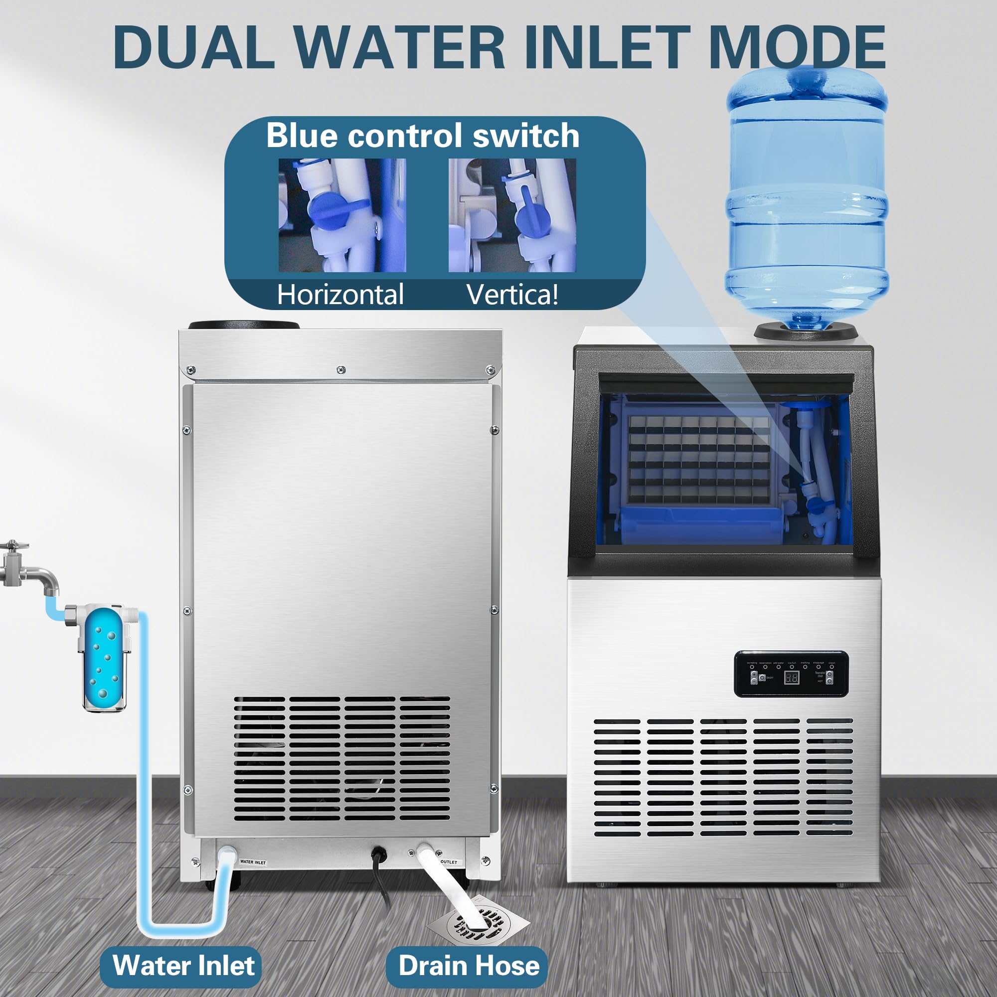 Zomagas Commercial Ice Maker Machine,110LBS/24H Ice Maker, Stainless Steel Freestanding Ice Machine with 28LBS Storage Capacity, Self-Cleaning, 2 Water Inlet Modes,Ideal for Restaurant,Home,Bar