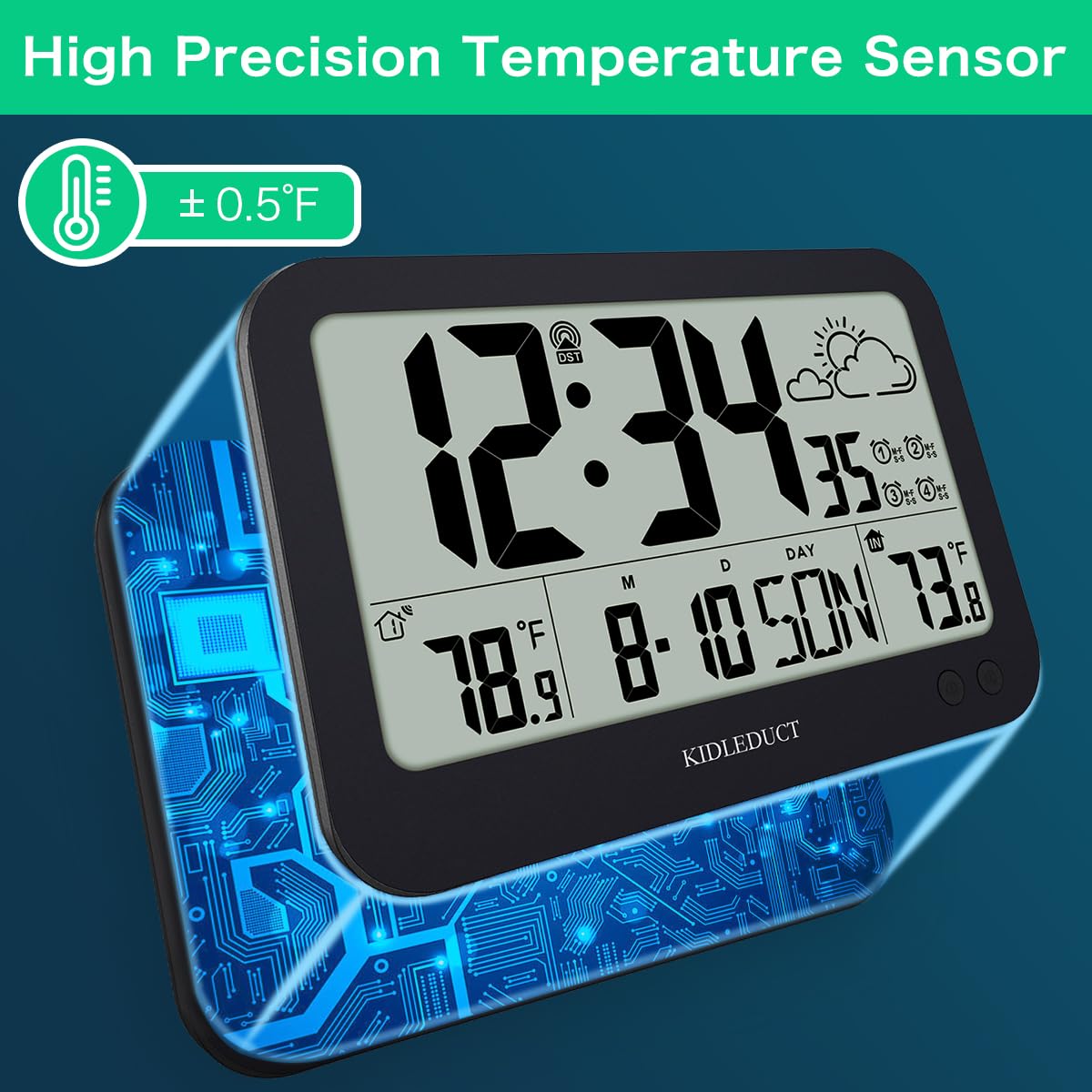 KIDLEDUCT Digital Wall Clock Battery Operated, Atomic Desk Clocks with Temperature Indoor Outdoor, 8.5" Large Display Weather Forecast Thermometer with 4 Alarms, 330ft Wireless