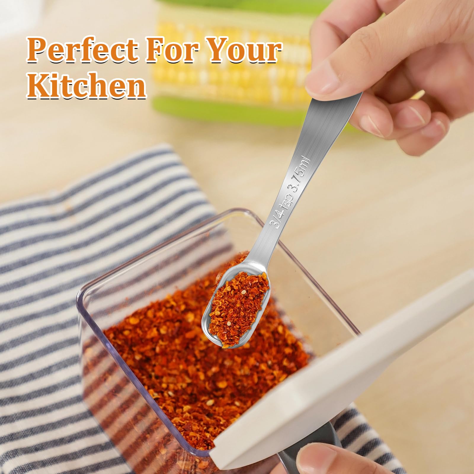 Stainless Steel Measuring Spoons, Premium Heavy Duty Metric Small Tablespoon 7-piece set:1/8 tsp, 1/4 tsp, 1/2 tsp, 3/4 tsp, 1 tsp & 1 tbsp-for Dry or Liquid, Fits in Spice Jar, Including Leveler