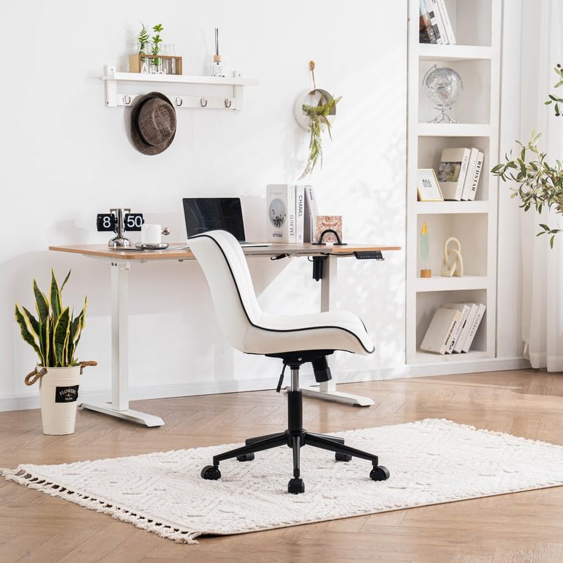 Kidol & Shellder Ergonomic Office Chair,Armless Computer Desk Chair with Wheels,Modern High Back Executive Task Chairs,Adjustable Swivel Gaming Chair,Faux Leather,White
