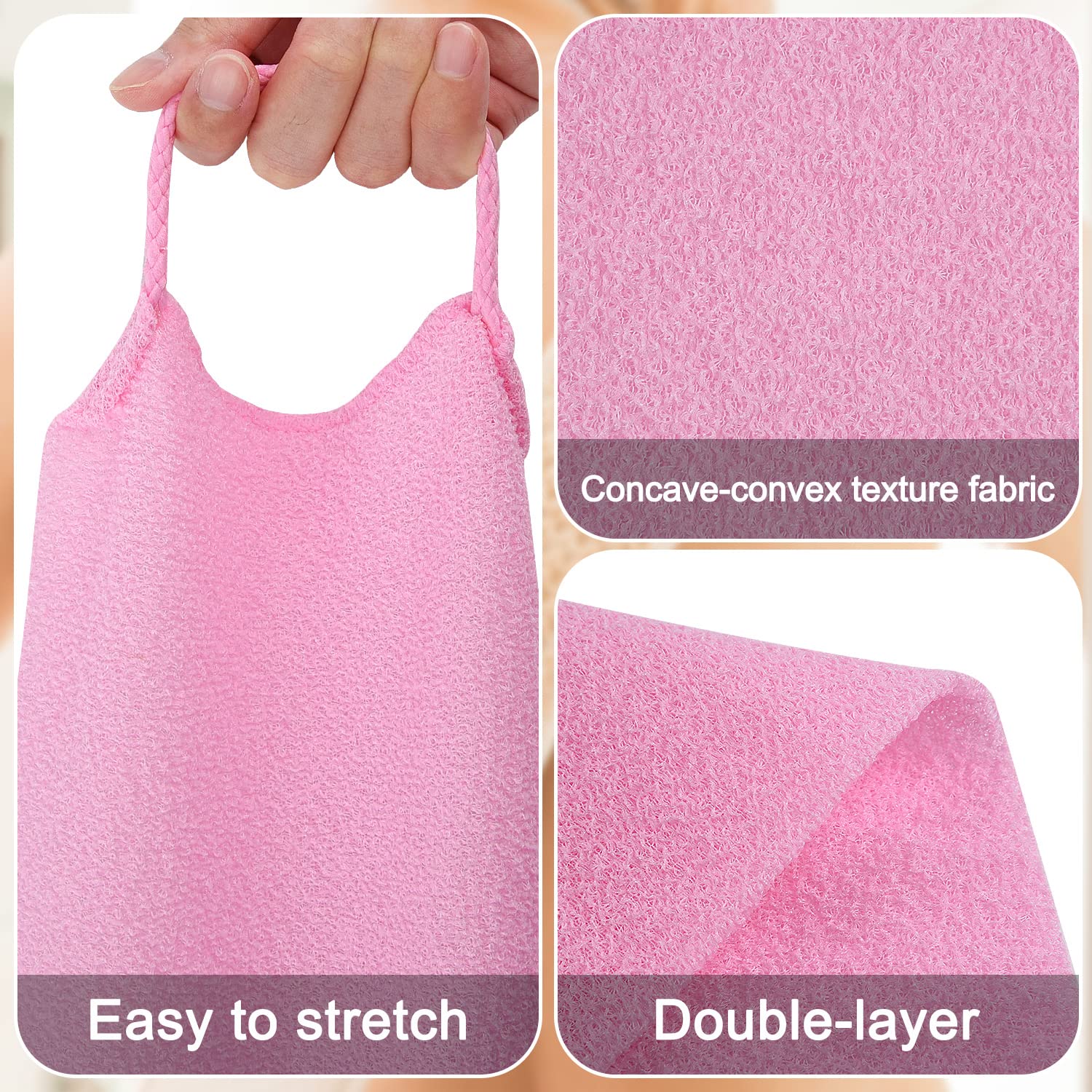 WXJ13 4 Packs Nylon Back Exfoliator, Exfoliating Back Scrubber with Handles, Exfoliating Towel Body Exfoliator Back Washer Scrubber Stretchable Pull Strap Exfoliating Washcloth for Body Shower