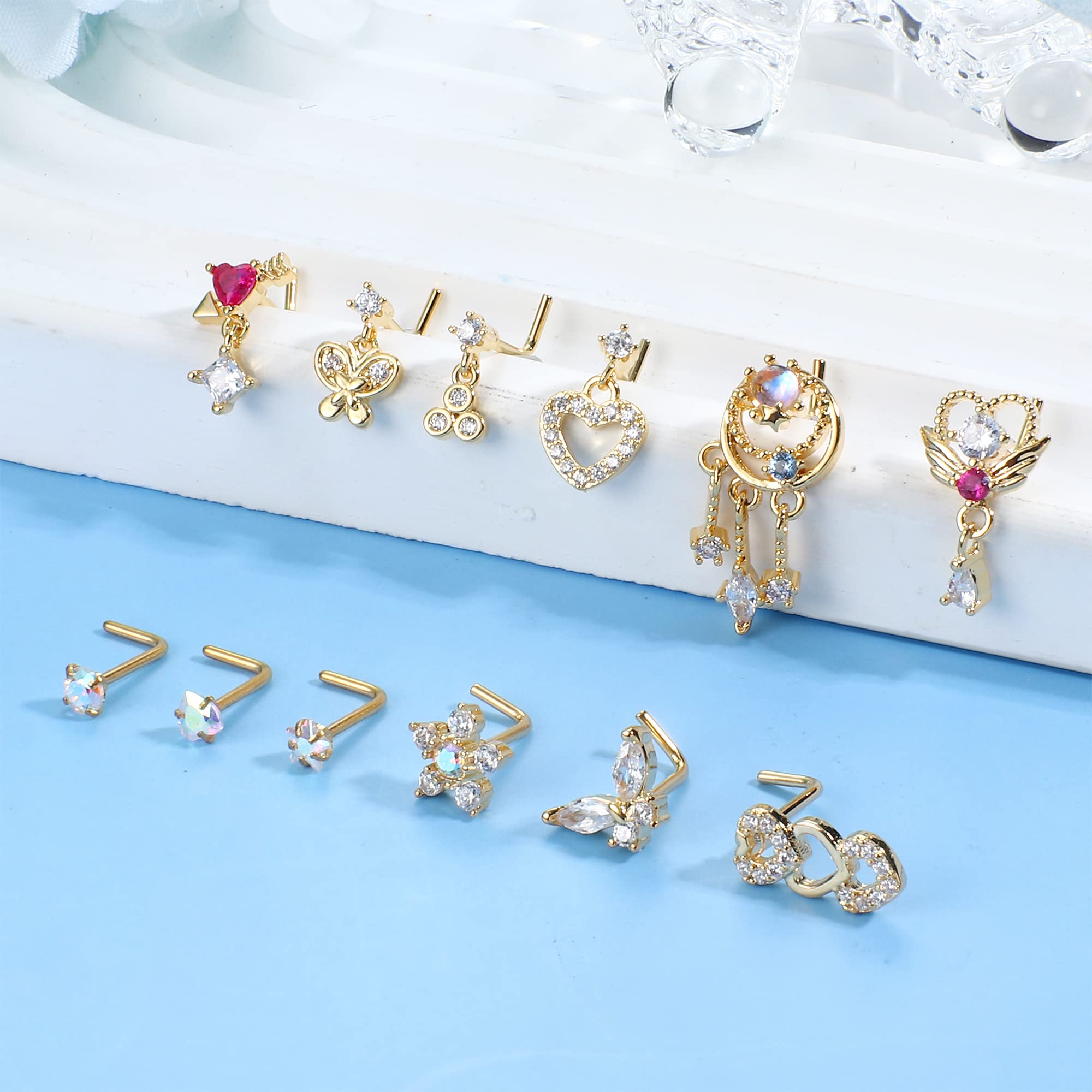 Sanfenly Nose Rings Studs Nose Piercing Jewelry for Women Men 20G Rose Gold Silver Black Cute CZ Heart Moon Butterfly Flower Dangly Dangle Dangling Nose Rings L Shaped Nose Stud Set