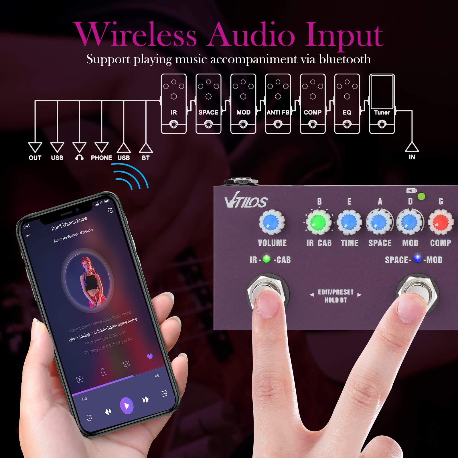 Pro Multi Electric Bass Effect Pedal,8 Classic Bass IR Cabinet Simulations, Real Time Function, 3 Sets Of Timbres, Chorus Phaser Delay and Reverb effect Pedal, BT Wireless Recording