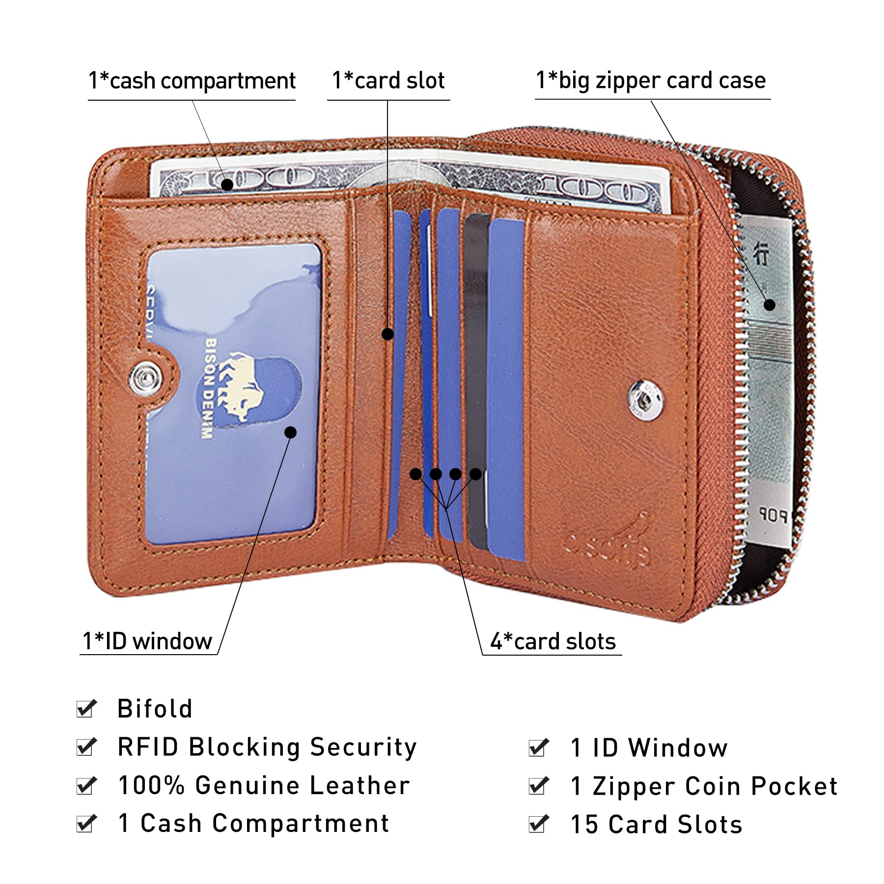 Small Wallets for Women Credit Card Wallet Bifold Compact Card Holder Genuine Leather Card Cases RFID Blocking Wallet with ID Window Brown Yellow