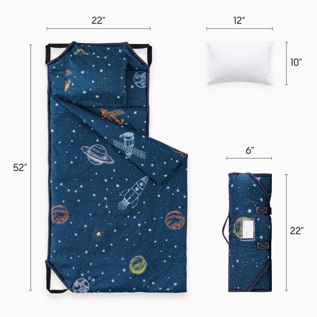 Wake In Cloud - Nap Mat with Pillow for Kids Toddler Boys Girls, Fit Preschool Daycare Sleeping Cot with Elastic Corner Straps, Rockets Stars Galaxy Space Planet on Navy Blue, 100% Soft Microfiber