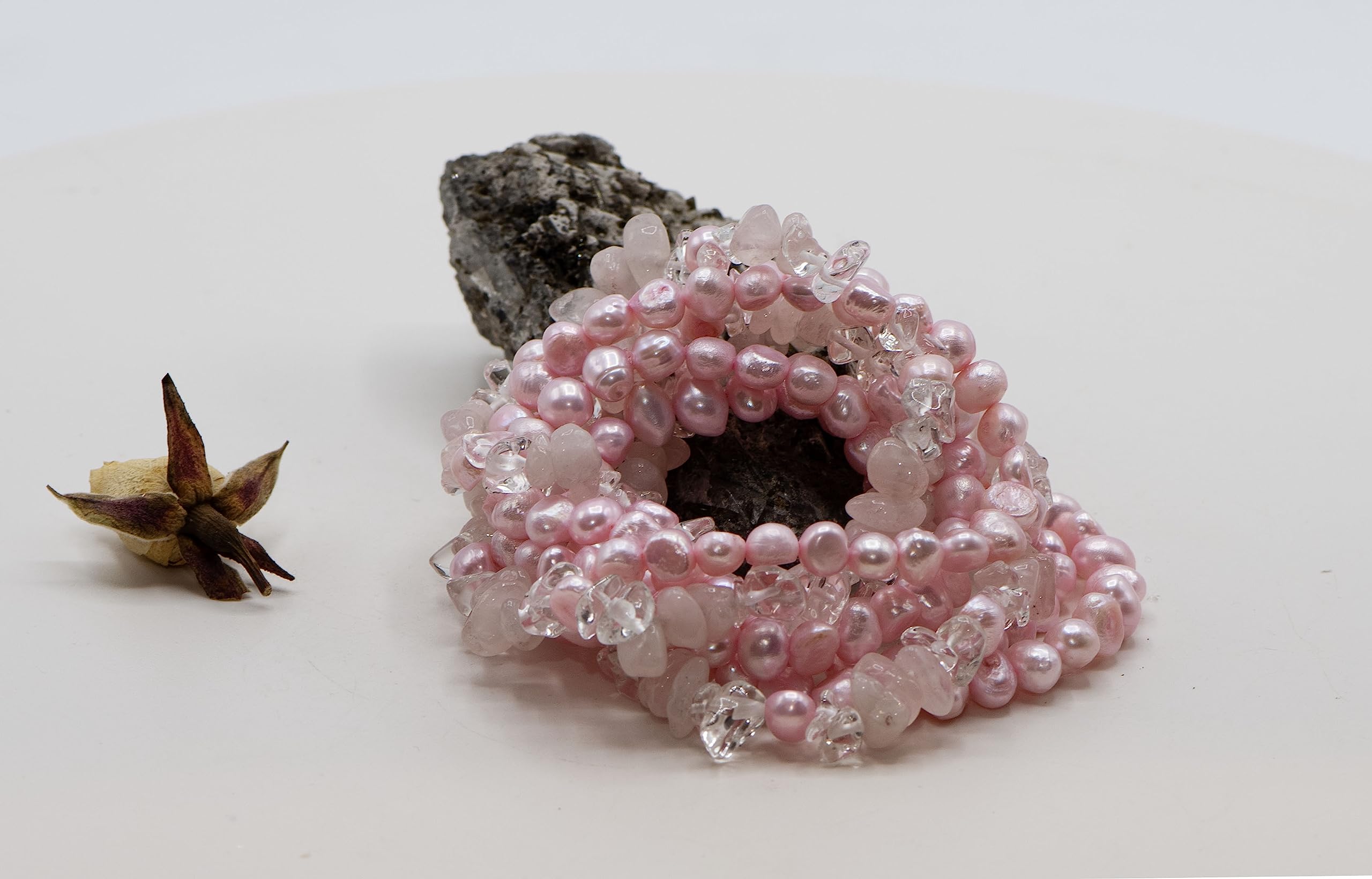 LTC Designs Set of 7 Dyed Pink Cultured Freshwater Baroque (5.5-6mm) Pearl and Rose/Crystal Quartz Stretch Bracelets, 7.5" for Women