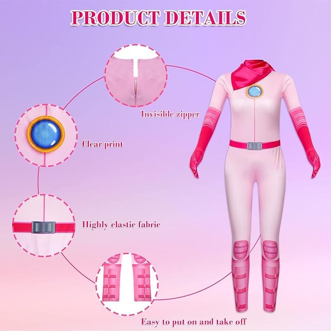 KDFJIEelf Peach Super Brothers Costume for Girls, New Models Peach Cosplay Combat Bodysuit, for Halloween (120(7Y)