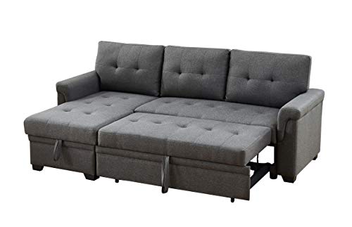 MACHOME Functional Modern L-Shape Linen Reversible Fabric Sleeper Sectional Sofa with Storage Chaise, Dark Gray Corner Couch with Arms for Living Room, Apartment, Home Furniture, Dorm, 53 Inch