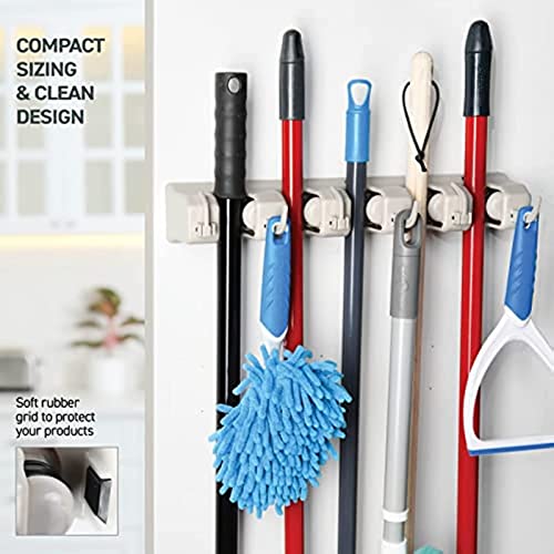 WHXHJ Mop and Broom Rack Wall Mount, Home mop Rack, Storage Rack with 6 Hooks in 5 Locations Garage Storage Holds 11 Tools, Broom Rack Storage Solutions, Storage System Broom Organizer.