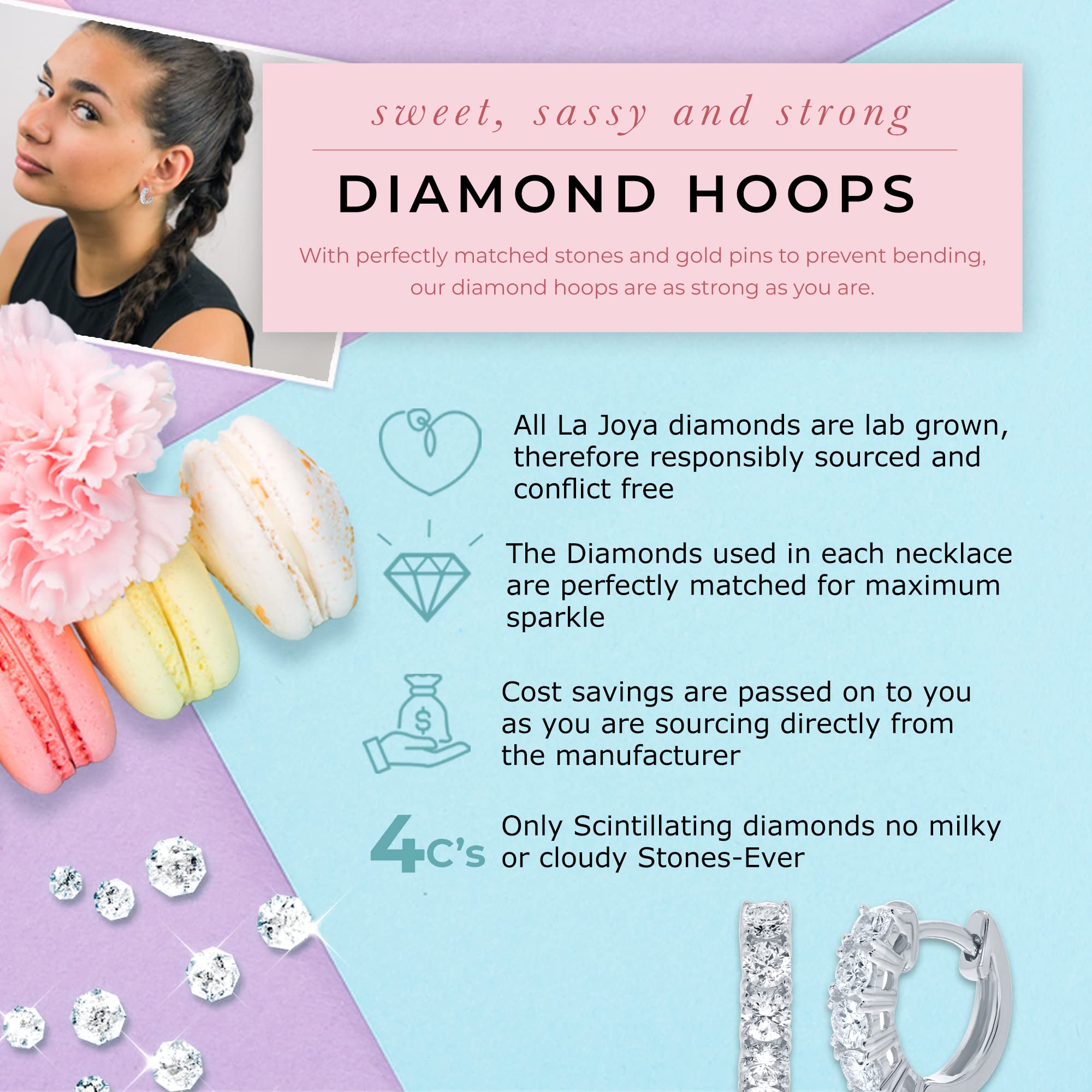 La Joya Dainty Lab Grown Diamond Earrings Set | 1/2 Carat Sterling Silver Diamond Huggie Hoop Earrings |