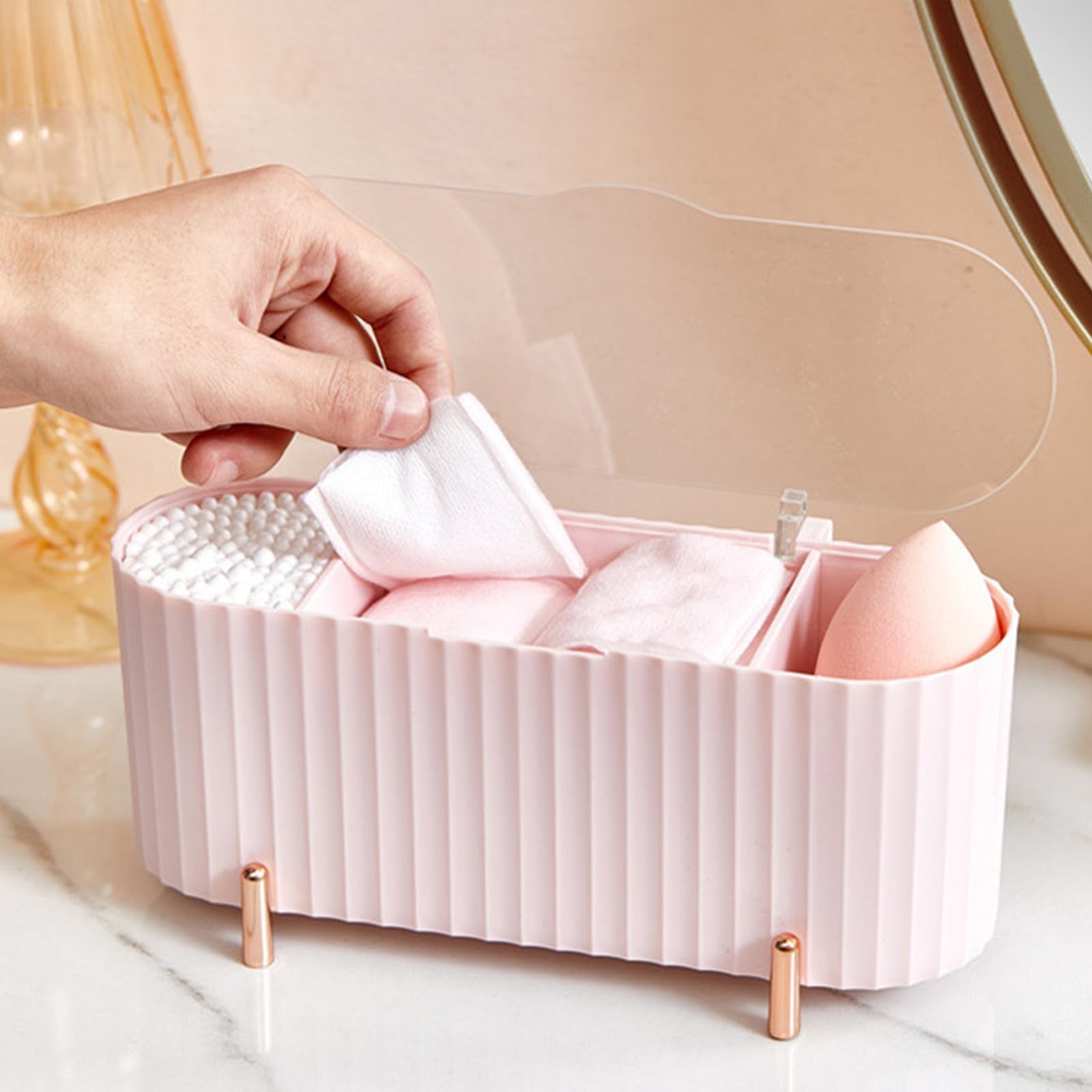 ZOOFOX 2 Pack Qtip Holder Dispenser, Cotton Pads Holder with Clear Lid, Adjustable 3-Grid Bathroom Canisters for Cotton Ball, Swab, Round Pads, Floss, Perfume, Lipstick
