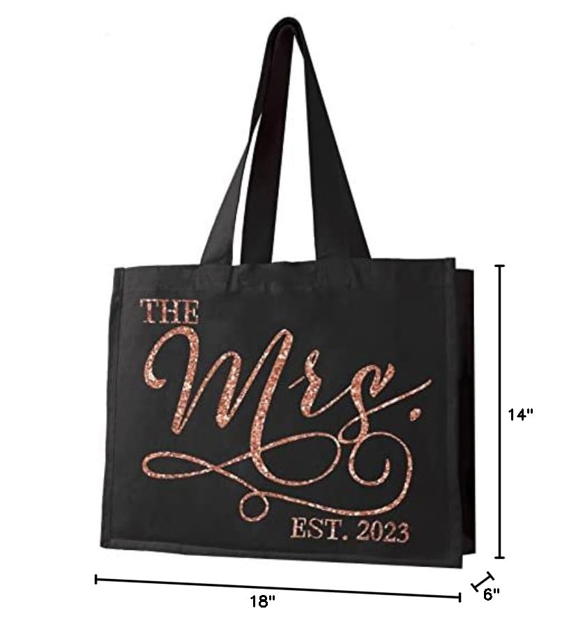 RhinestoneSash 2025 Bride Gift, Rose Gold Giant Size Wedding Tote Bag - Modern Rose Gold The Mrs. EST. 2025 Bride Black Tote Bag - Bridal Shower or Bachelorette Gift - Black Tote(Mod 2025 RG) BLK
