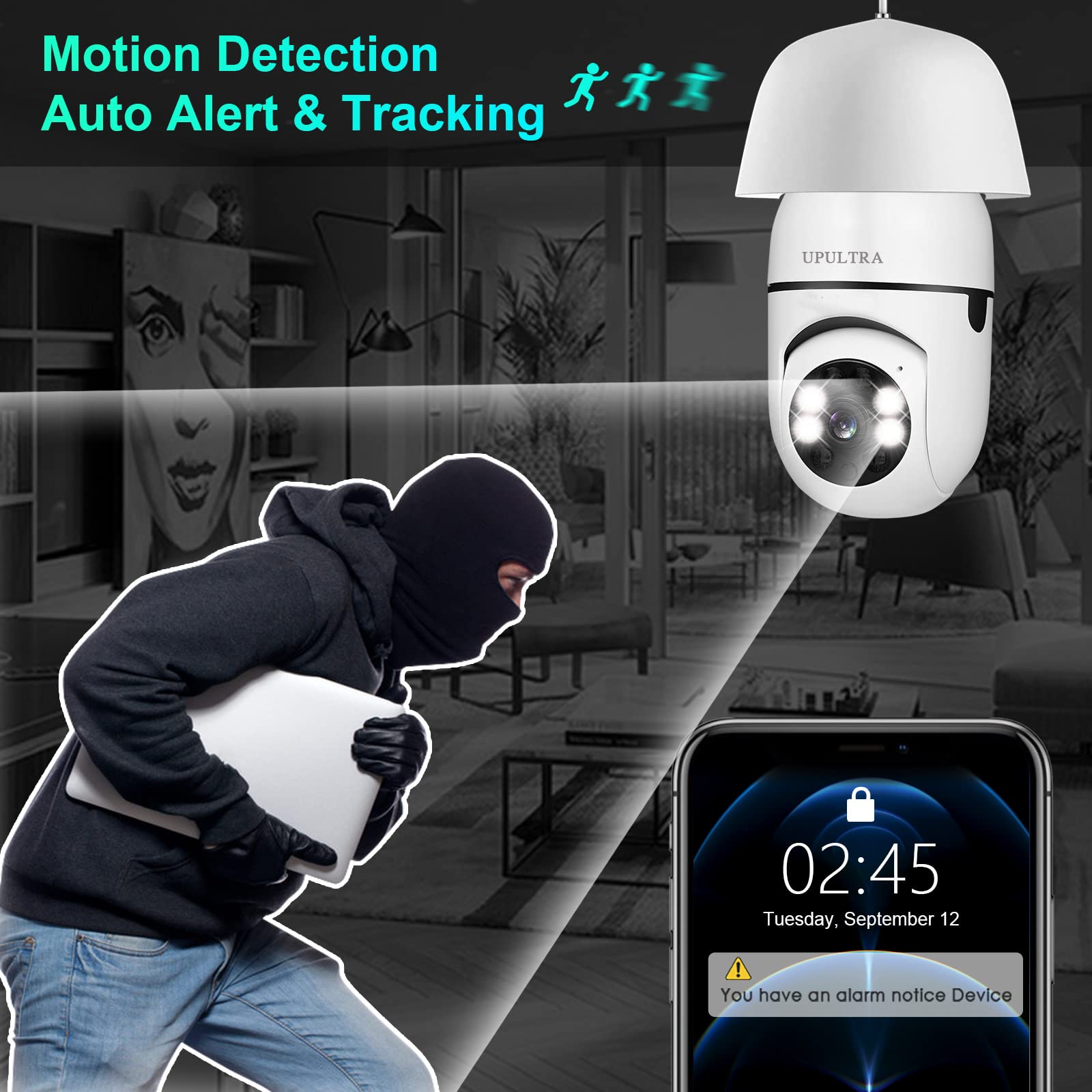 Light Bulb 1080P Security Wireless Camera Wifi Smart for home surveillance Screw into the E27 light bulb socket Spotlight Alarm Color night vision Two-way talk Motion Alarm PTZ 360 Degree(2packs)