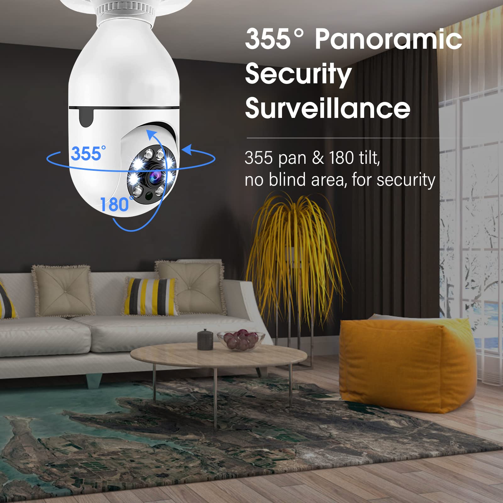 Light Bulb Security Camera Indoor Wireless, 360° Pan/Tilt Panoramic IP Camera, Support 2.4GHz Wi-Fi Surveillance Cam 3MP 1080P HD Night Vision Auto Tracking Alarm Two-Way Audio E27(Not 5GHZ WiFi)