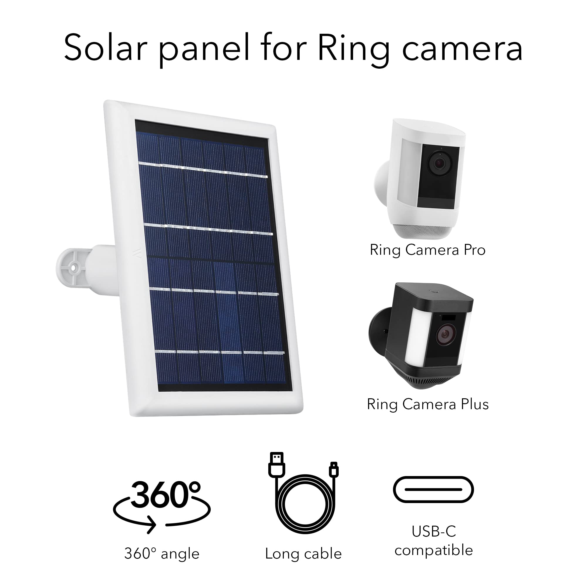 Wasserstein Solar Panel Compatible with Spotlight Cam Plus/Pro and Stick Up Cam Battery - Includes Barrel Plug with USB C Adapter - 2W 5V Charging (2 Pack, White)