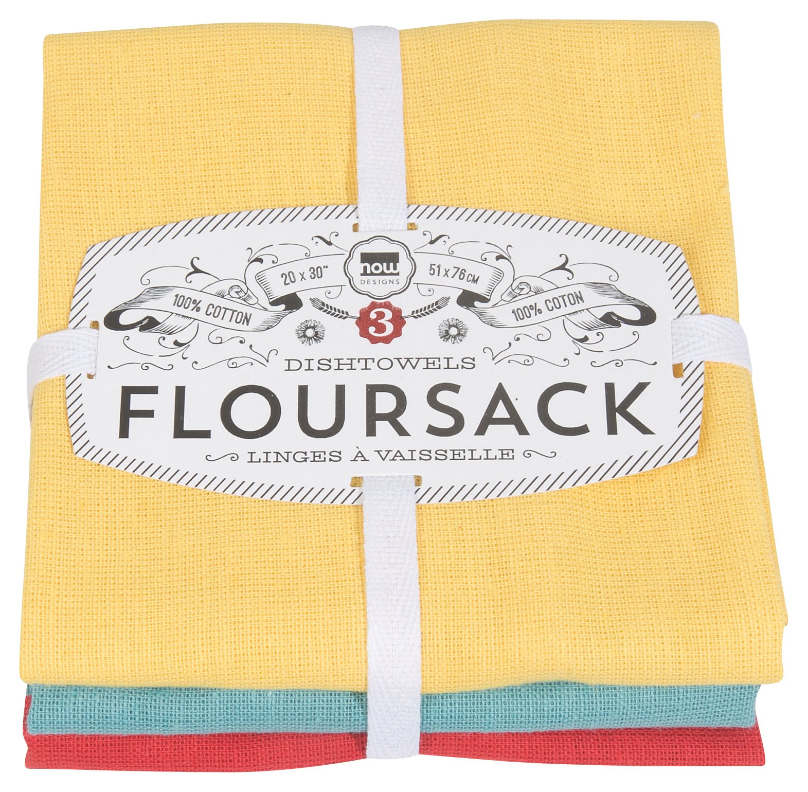 Now Designs Floursack Kitchen Dish Towels, Cotton, Lemon/Turquoise/Grenadine 20 x 30in, Set of 3