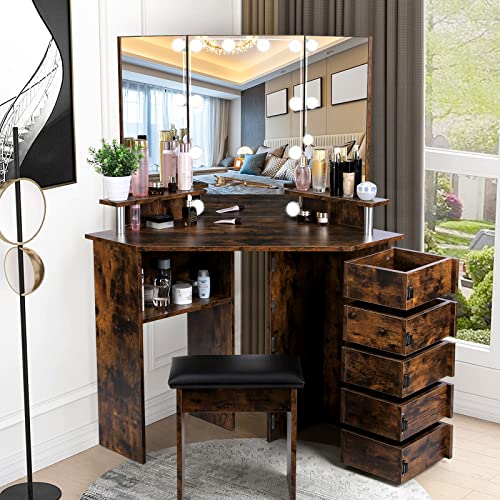 VOWNER Vanity with Lights - Vanity Desk with 3 Color Lighting Options, Brightness Adjustable, Vanity Table with 5 Rotating Drawers, Shelves and Stool, Corner Vanity for Women Girls, Rustic Brown 43“ L