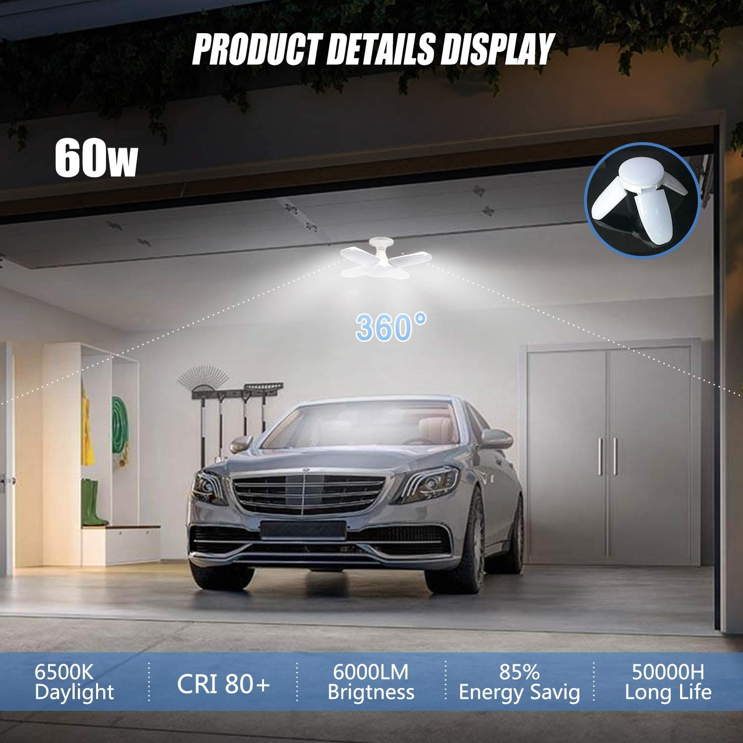 LED Garage Lights, 60W 6000LM Deformable Garage Light with Extension Lamp Holders, E26 Daylight White with 4 Adjustable Panels, 6500K LED Shop Light for Garage Basement Warehouse Workshop