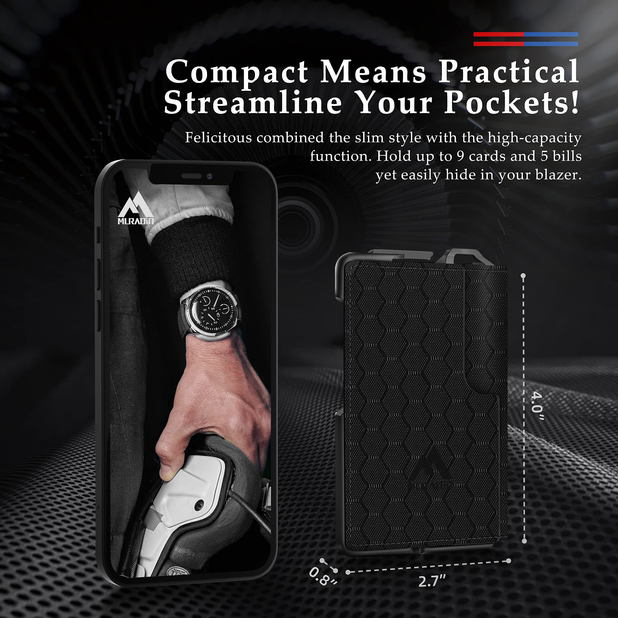 MURADIN Tactical Minimalist Wallet for Men, Slim RFID-Blocking Metal Card Holder, Front Pocket Men’s Leather Dapper Bifold Wallet with Money Clip Grid