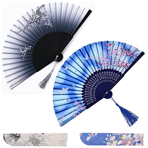WOHENI Silk Folding Fan, Bamboo Hand Fan Japanese Vintage Retro Style Handmade Handheld Fan with a Fabric Sleeve and Tassels for Home Decoration Party Wedding Dancing Gift (Blue+Black)
