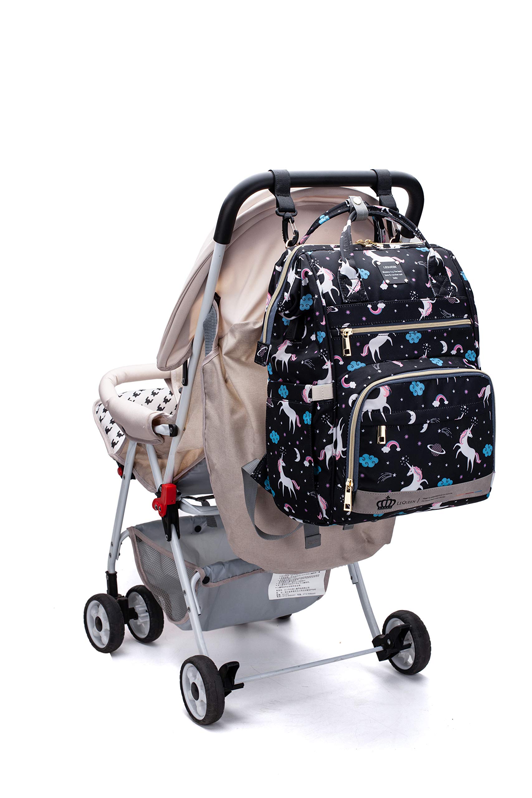 LEQUEEN Diaper Bag Backpack, Unicorn Multifunction Travel Back Pack Maternity Baby Changing Bags (Black)