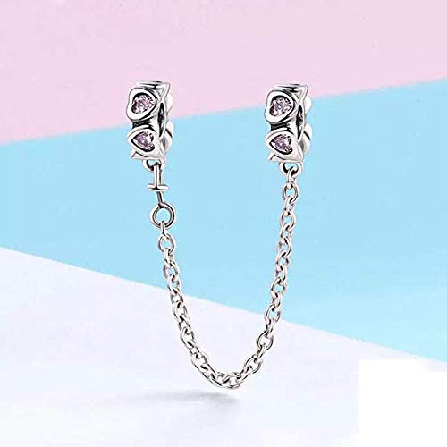 LUCKYBEADS Heart Safety Chain Charms 925 Sterling Silver Love Beads fit Bracelet & Necklace (Pink)