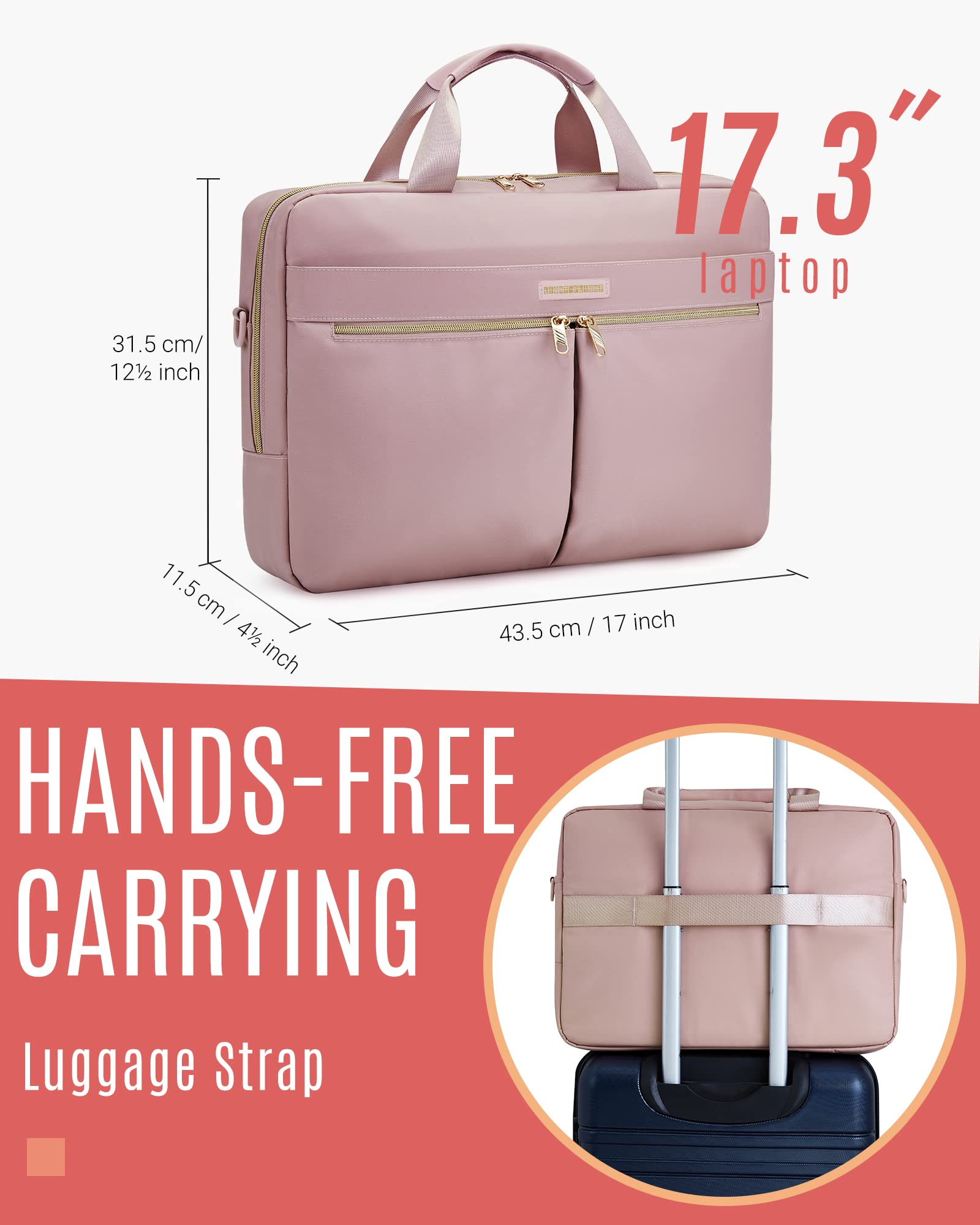 LIGHT FLIGHT 17.3 Inch Laptop Bag, Travel Business Briefcase,Water-Repellent Shoulder Messenger Bag,Large Computer Bag for Women Work Office,Nylon,Pink