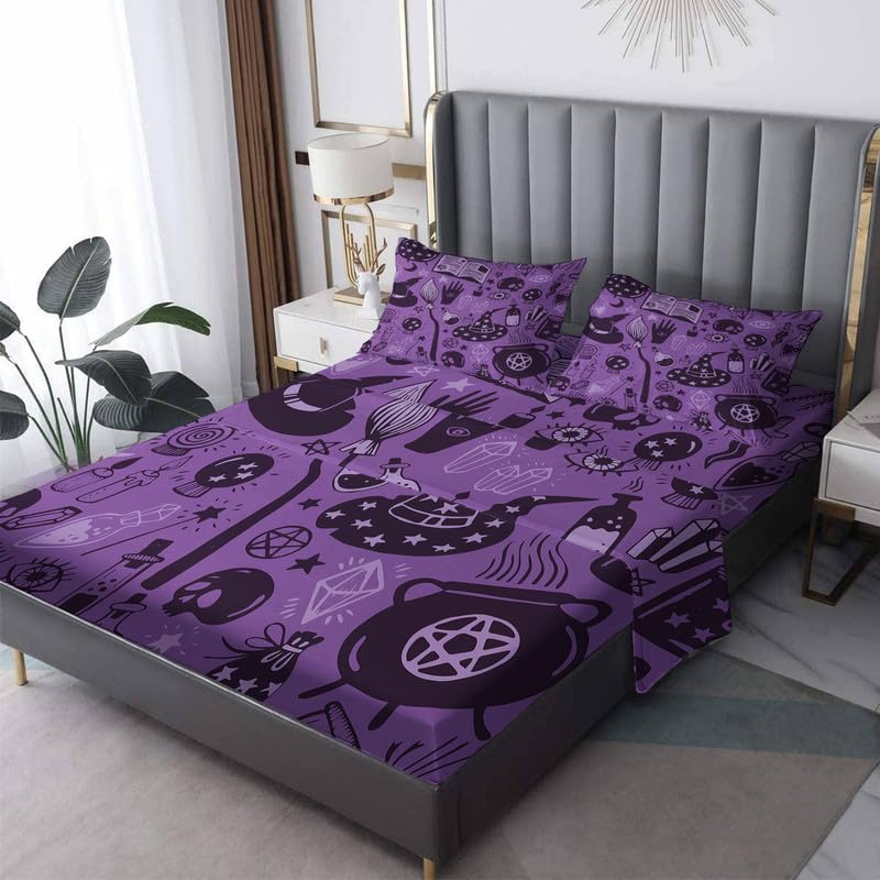 zcsm Witchcraft Sheets California King Size - Halloween Witchy Bed Sheets for Kids Boys Girls, Soft Microfiber & Deep Pocket & Wrinkle Free, 1 Fitted Sheet, 1 Flat Sheet, 2 Pillow Cases