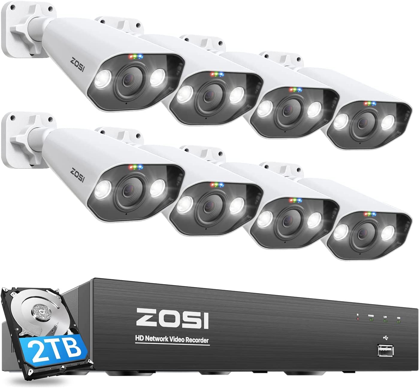 ZOSI 8CH 4K Spotlight Home PoE Security Camera System,8CH 8MP NVR with 2TB HDD,8 x 5MP Outdoor PoE IP Cameras,Person Vehicle Detection,2-Way Audio,Night Vision,Sound&Light Siren,for 24-7 Recording