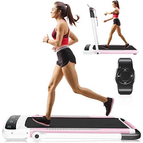 Murtisol 2 in 1 Folding Treadmill, 2.25HP Under Desk Electric Treadmill, Installation-Free with APP, Remote Control and LED Display, Portable Walking Machine for Home, Office & Gym,Pink & White