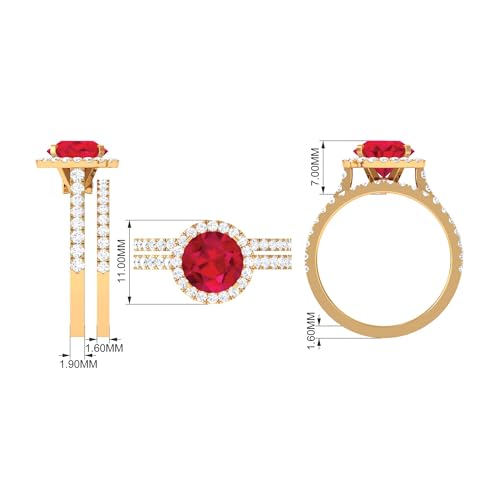 Lab Created Ruby Bridal Wedding Ring Set with D-VS1 Moissanite | 8 MM | AAAA Quality, 14K White Gold, Size:US 5.50