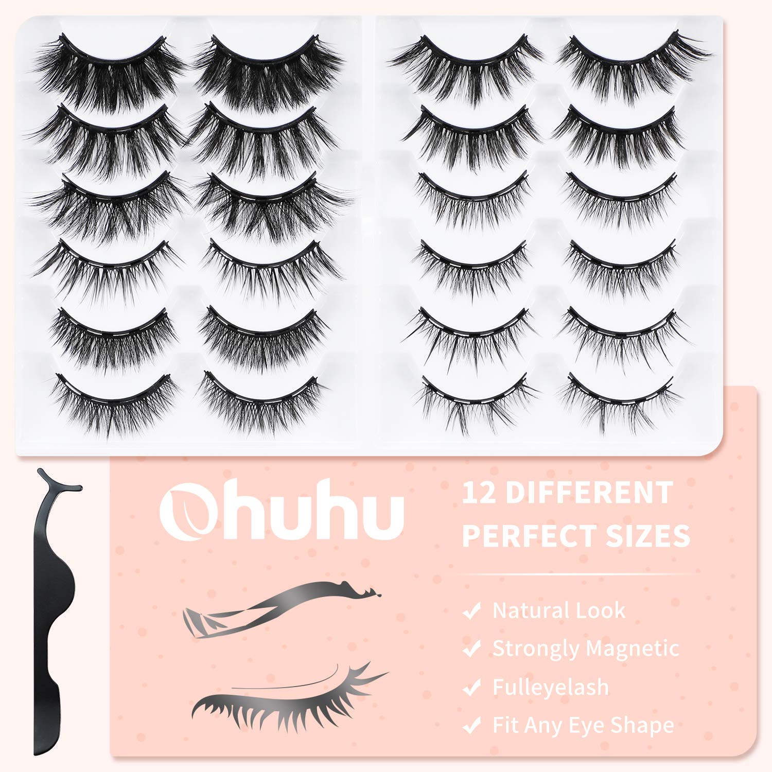 Magnetic Eyelashes with Eyeliner Kit, Ohuhu 12 Pairs Different Reusable 5D Magnetic Eyelashes with Magnetic Eyeliner Tweezer Magnetic False Lashes Natural Look No Glue Needed