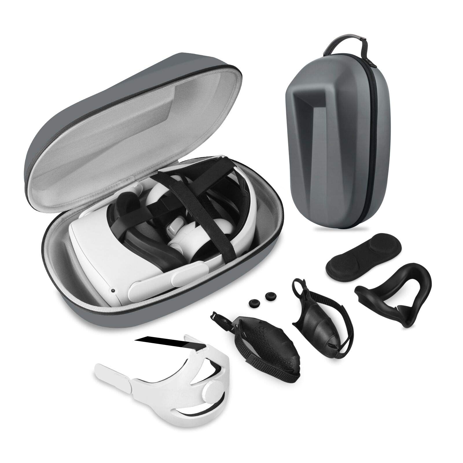 MASiKEN Advanced 6-in-1 Accessories Compatible for Meta/Oculus Quest 2 - Head Strap with Carrying Case,Face Cushion,Controller Grips Cover, Enhanced Support and Comfort in VR,Travel Bundle