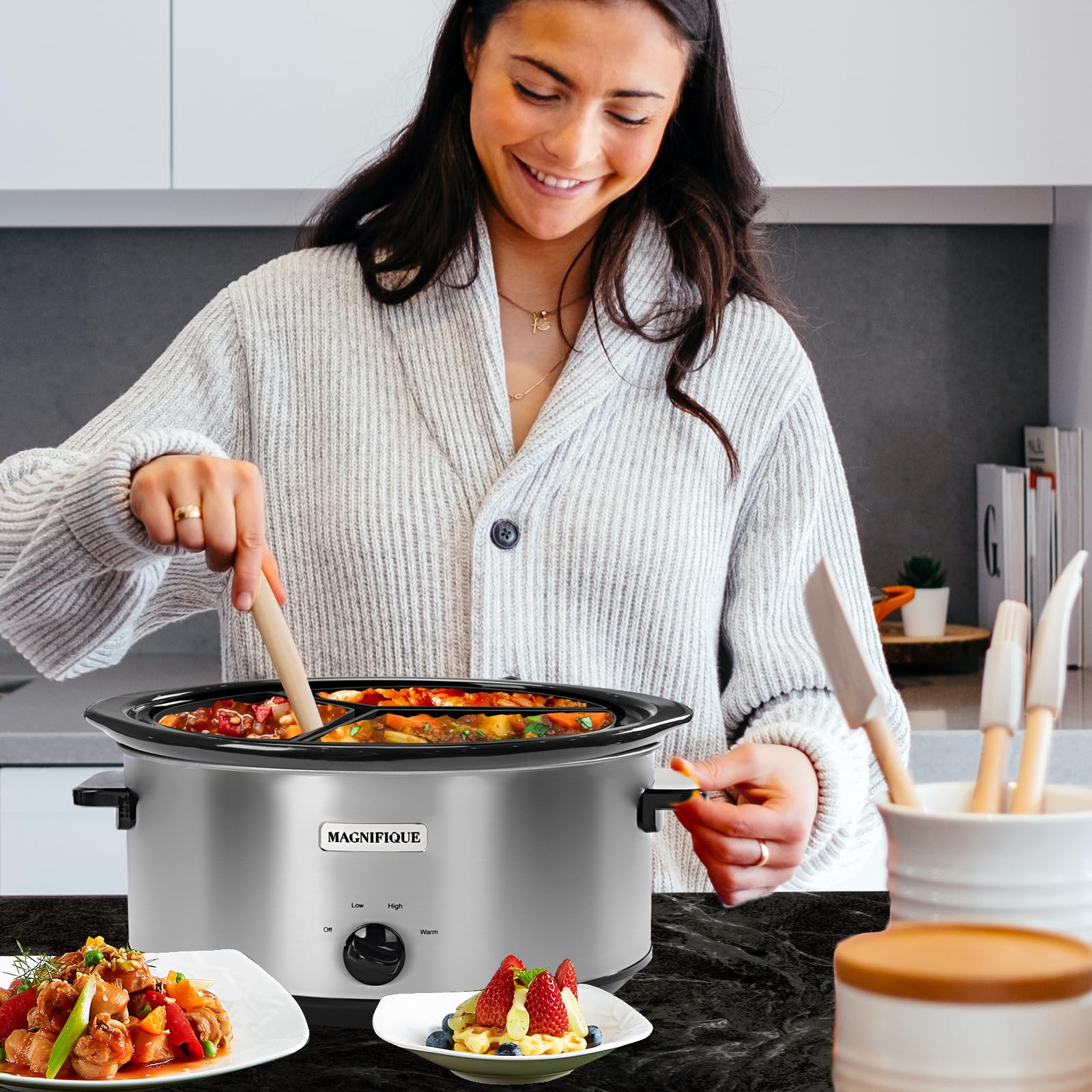 Magnifique Large Capacity Slow Cooker with Grey Silicone Liners, Perfect Kitchen Small Appliance for Family Dinners, 6 Quart, Stainless Steel