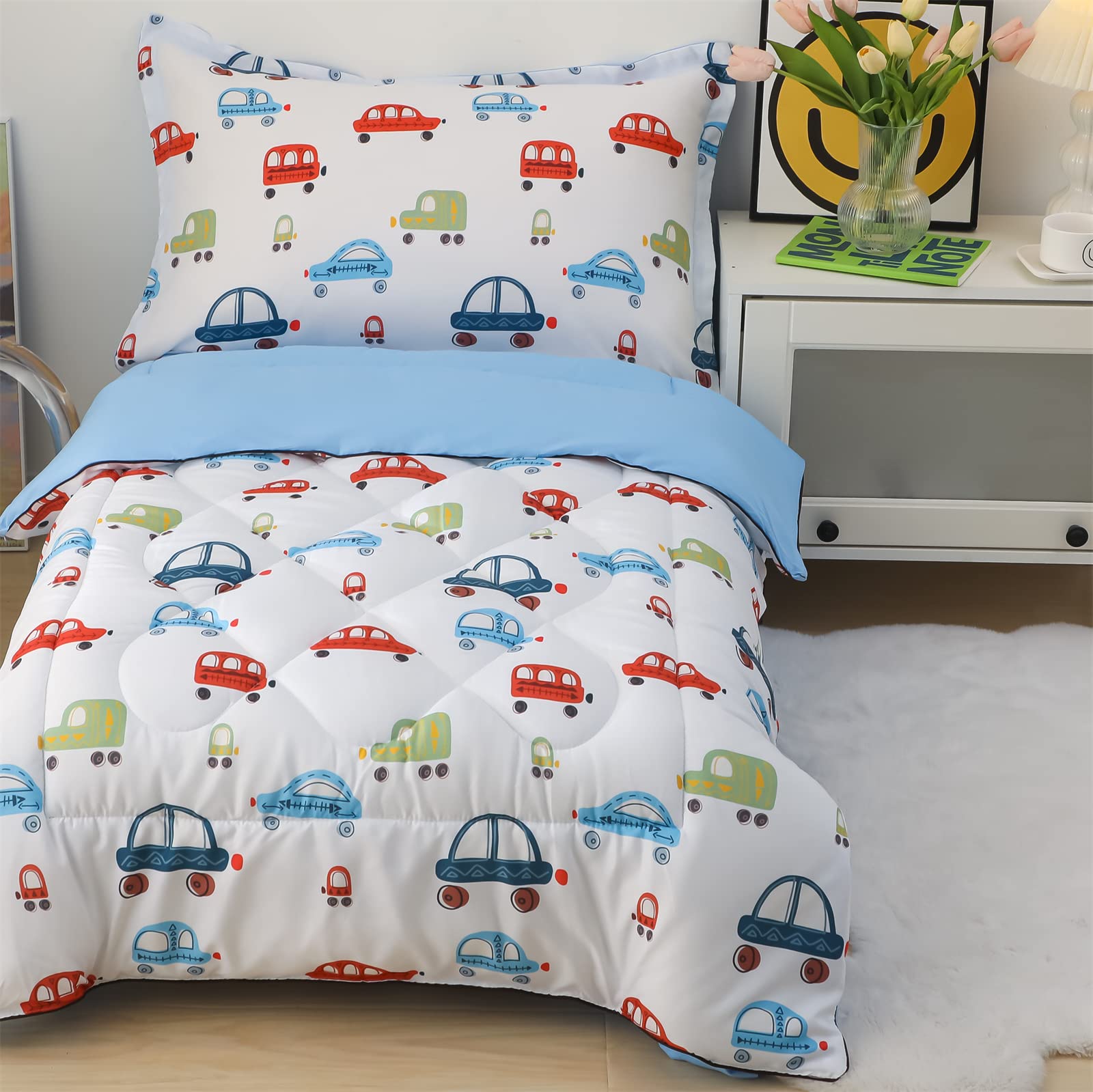 VINILITE 4 Piece Toddler Bedding Set Cars Standard Size Children Comforter Set Ultra Soft Includes Quilted Comforter, Fitted Sheet, Flat Sheet, and Pillow Case for Kids Boys, 28" x 52"