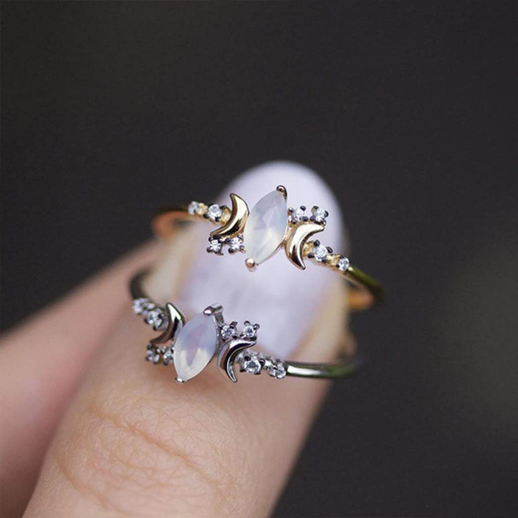 MYLYAHY White Opalite Stone Crescent Moon Ring for Women Girls,Dainty Tiny Cute Thin Minimalist Delicate S925 Sterling Silver Crystal Gemstone Ring Jewelry Gift for Her (Ring_A, 9)