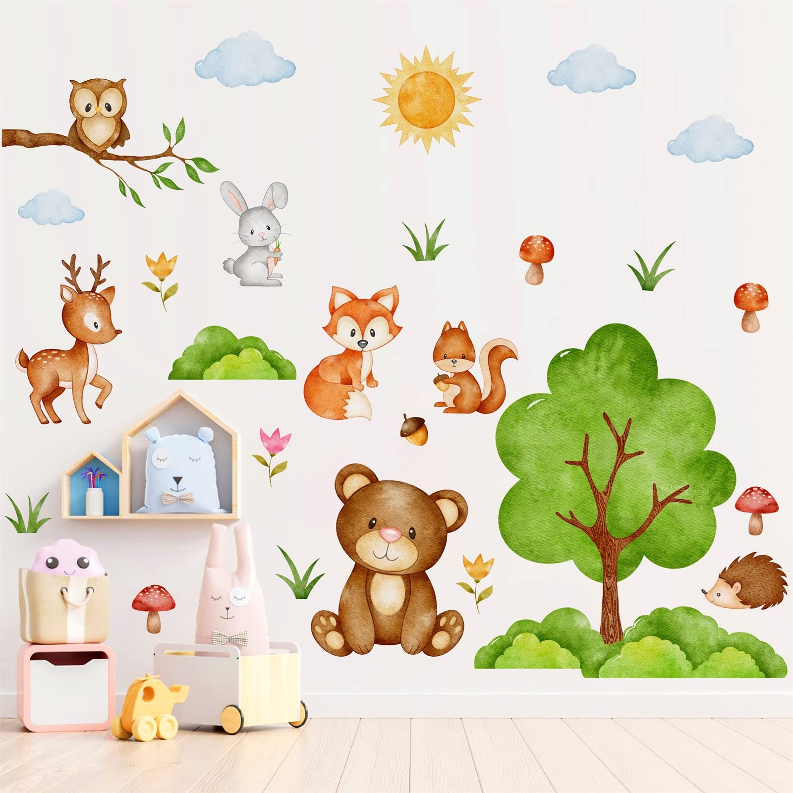 Watercolor Tree Animals Wall Decals,Cartoon Animal Wall Stickers,Nursery Wall Decor Woodland Animal Wall Decals,Fox Giraffe Bear Forest Animal Wall Decal for Kids Room Bedroom Classroom Playroom Decor