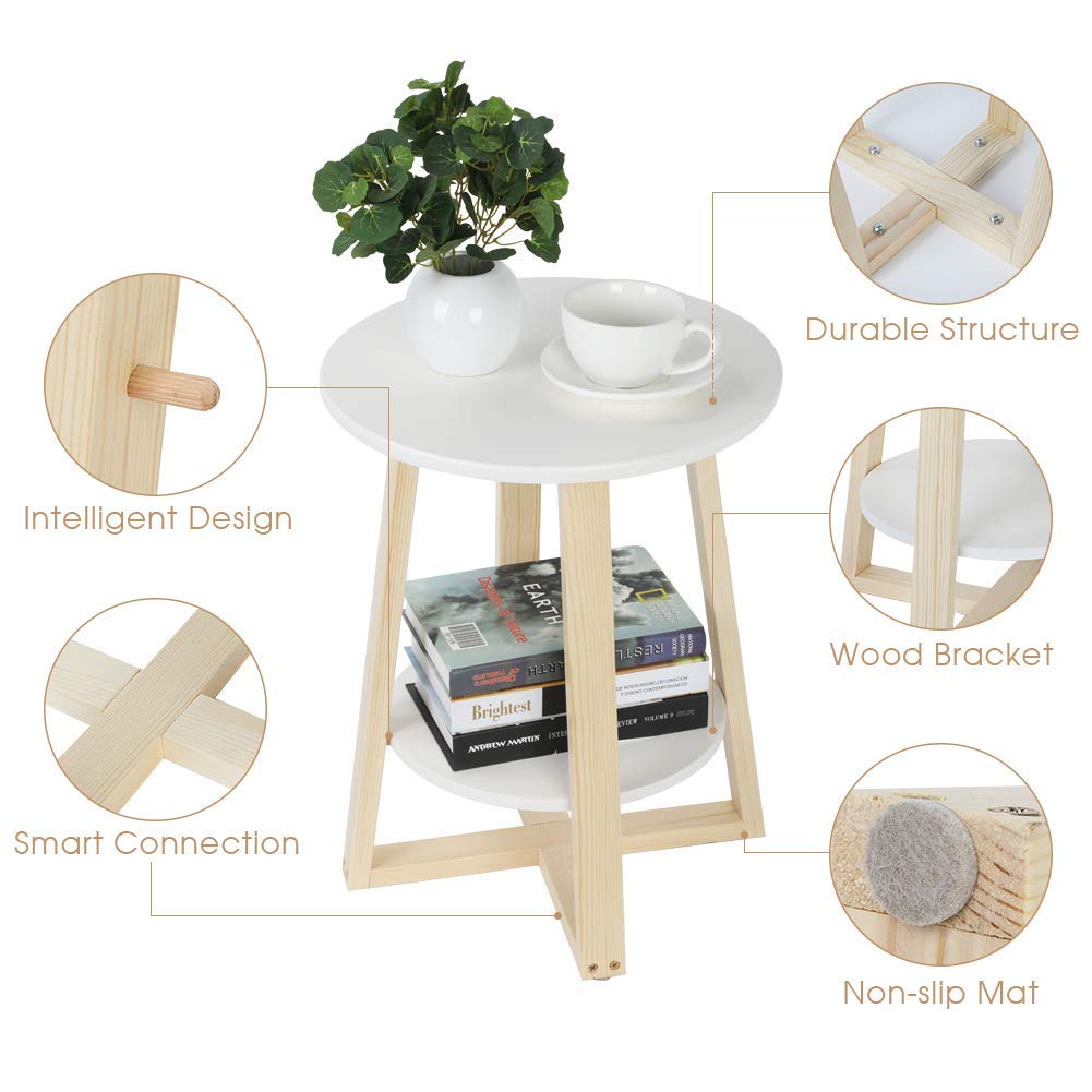 Liusin 2 Tier Round Side Table, Contemporary Multi-Purpose Small Space Round Sofa Coffee Nightstand Table with Storage Shelf and Solid Wood Legs for Home Office Bedroom Living Room(White)