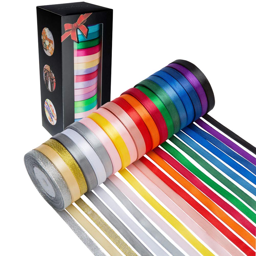 LIUYAXI 300 Yard Satin Ribbon -18 Silk Ribbon Rolls & 2 Glitter Metallic Ribbon Rolls, 2/5" Wide 15 Yard/Roll, Ribbons Perfect for Gift Wrapping, Wedding, Party Decoration and More