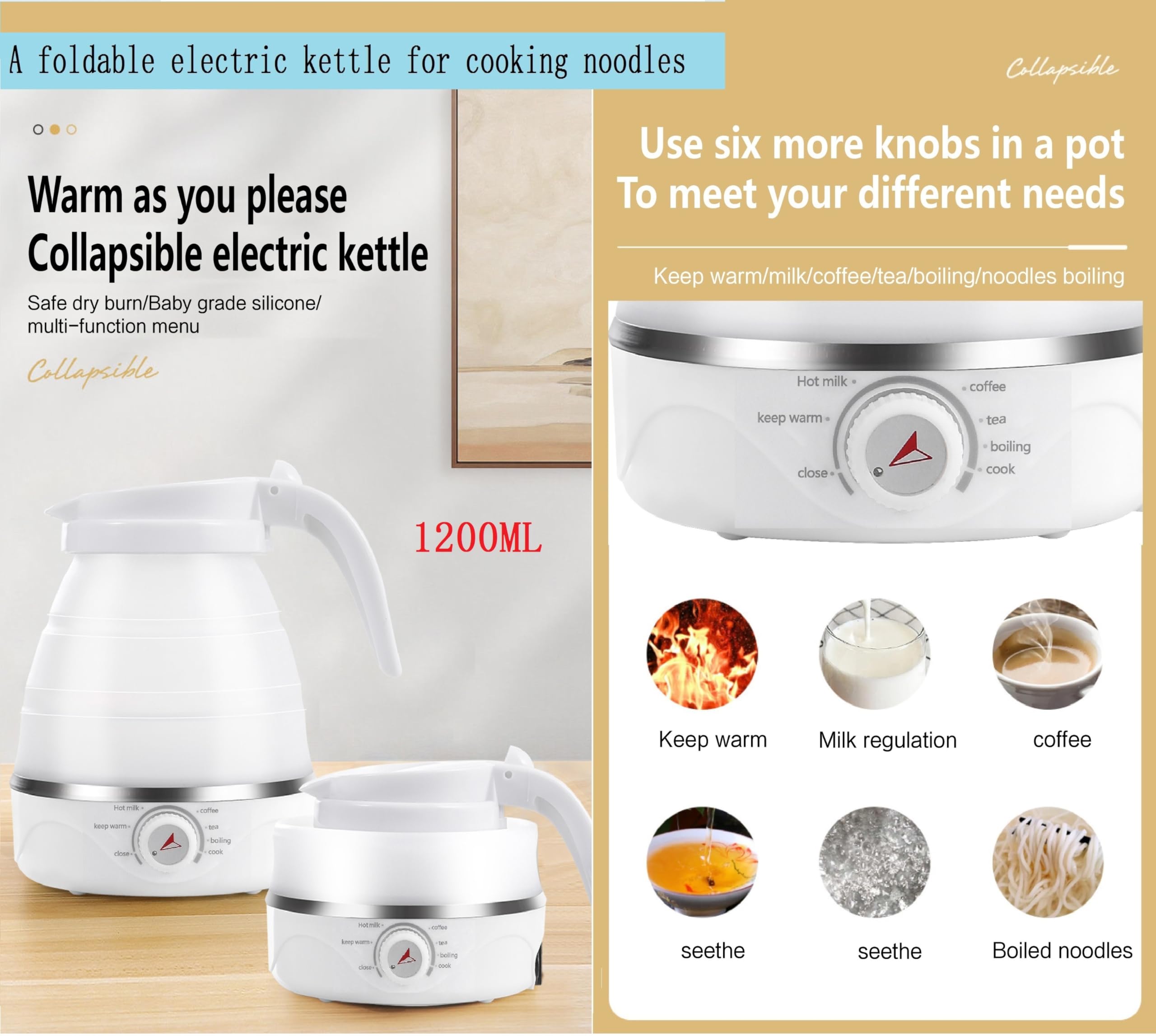 Large Capacity Temperature Adjustable Travel Kettle,Travel Foldable Electric Kettle,Collapsible Food Grade Silicone Small Kettle,Boiling water for Tea Coffee Nodle(1200ml,110V,1200W,US Plug) (Blue)