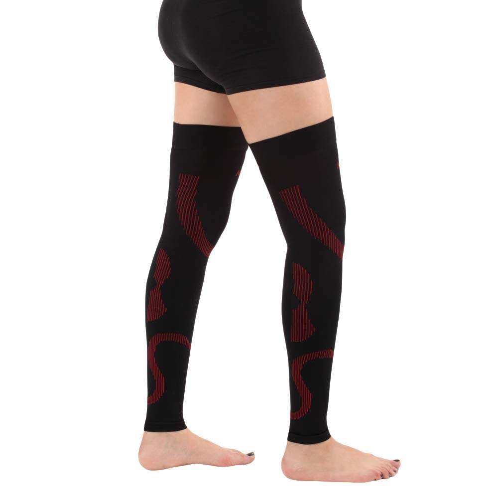 Mojo Compression Socks - Medical Thigh Leg Sleeve with Graduated Compression for Relief from Lymphedema, PTS, and CVI - 20-30mmhg, Medium - Black/Red - 1 Pair