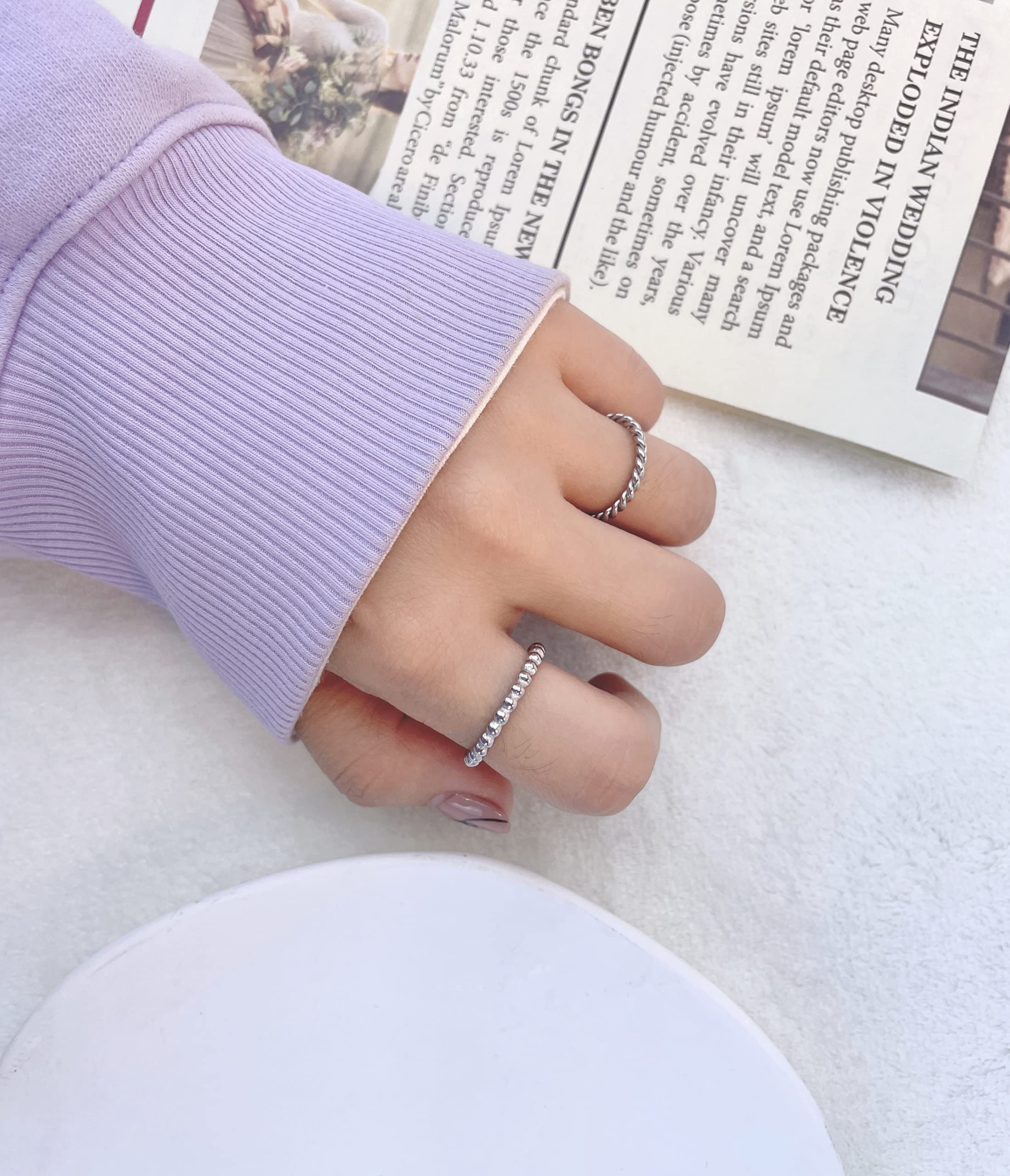 MYNENEY 2mm Stainless Steel Knuckle Rope Beaded Style Classical Simple Plain Stackable Wedding Band Ring (Silver, 8)