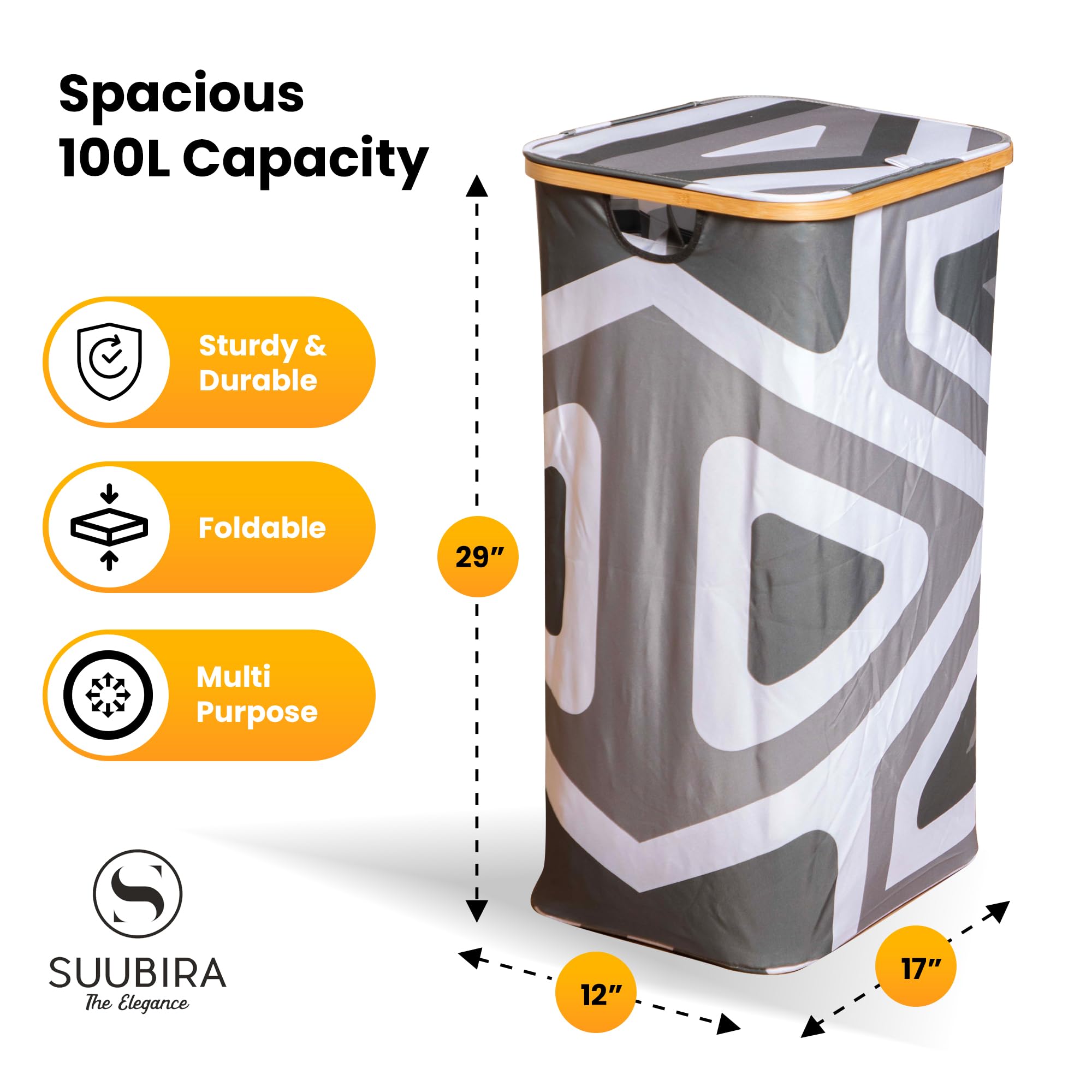 SUUBIRA Laundry Hamper with Lid β Dirty Clothes Hamper with Bamboo Handle β 100L Modern Hampers for Laundry β Collapsible Laundry Basket with Lid and Removable Mesh Bag