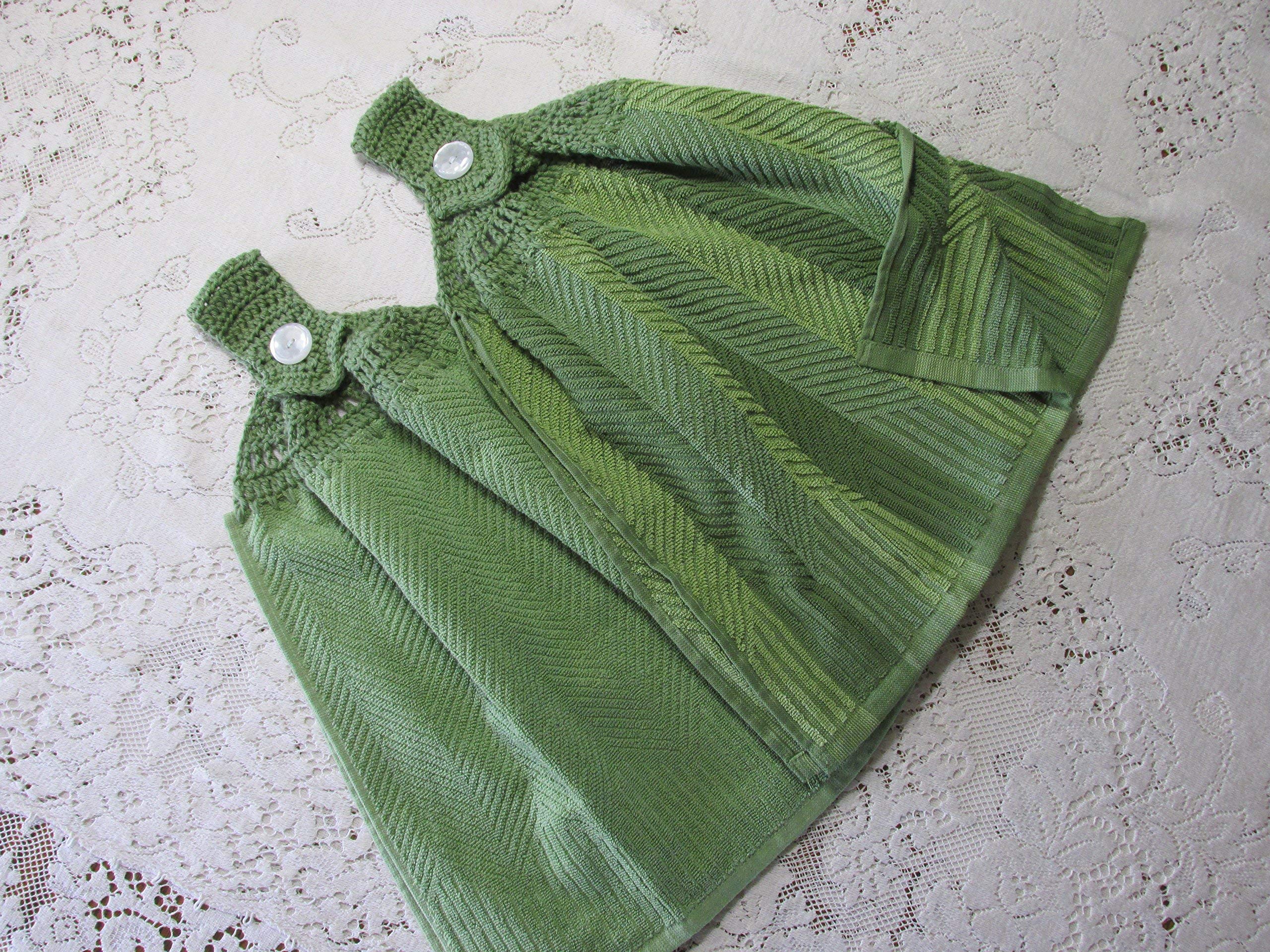 Set of 2 Green Doubled Chevron Design Hanging Kitchen Towels with Green Cotton Crochet Top - Best Quality