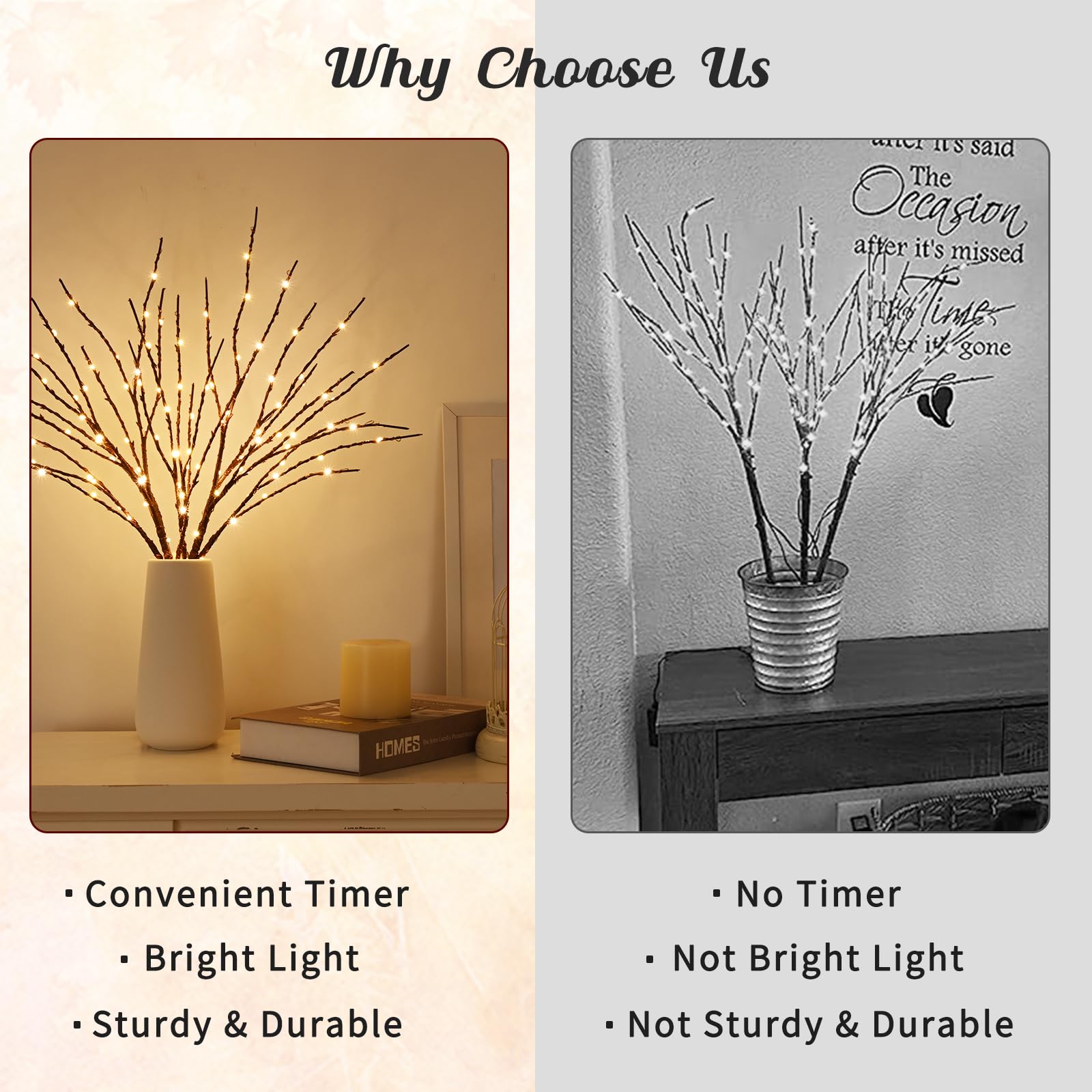 Lighted Branches for Vases, 2PCS Branch Lights, 32IN Birch Tree Branches, Fake Willow Branches, Artificial Twig Lights Christmas Decorations for Home Indoor Outdoor Decor, Brown