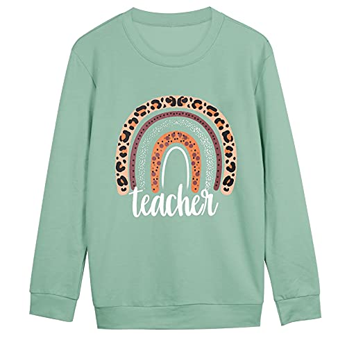 MOUSYA Women Teacher Sweatshirt Leopard Rainbow Graphic Long Sleeve Shirt Inspirational Pullover Casual Tops Blouse (green, xx-large)