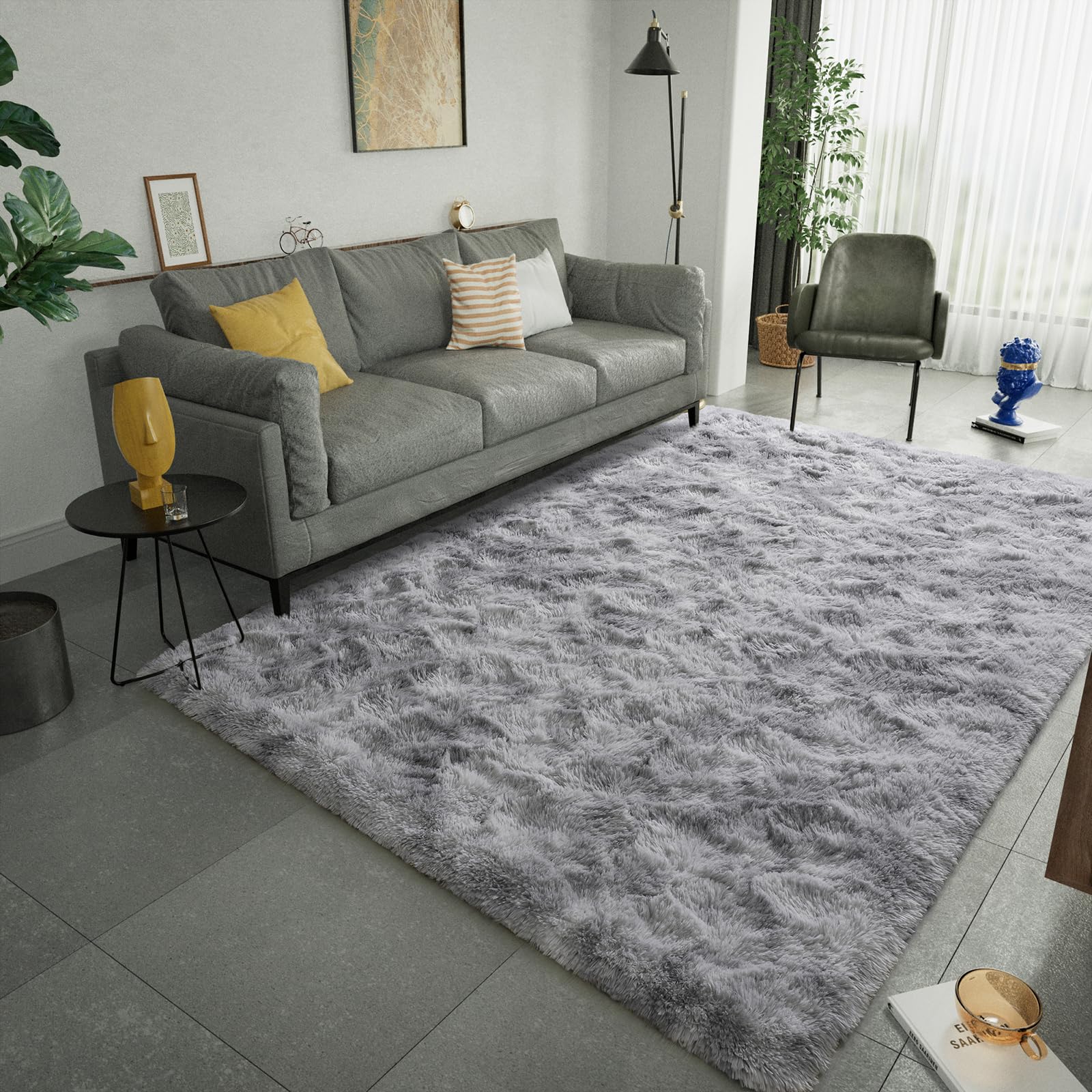 LOCHAS Luxury Fluffy Rainbow Area Rug for Girls Bedroom 8x10, Soft Fuzzy Kids Rugs for Bedroom Boys Playroom, Cute Colorful Tie Dye Princess Carpet for Nursery Living Room Home Decor, Light Grey