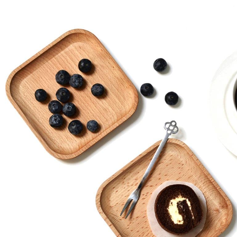 Set of 2 Square Decorative Tray 5''X5'' Tableware Serving Tray for Cake Coffee Tea Jewellery Key Coin Storage Natural Wood Dessert Tray, Wooden Cheese Plate